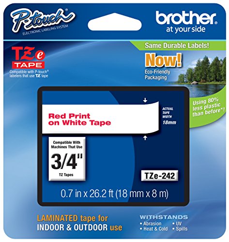 Genuine Brother 3/4" (18mm) Red on White TZe P-Touch Tape for Brother PT-1880, PT1880 Label Maker