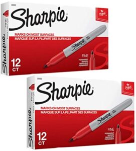 sharpie 30002 fine point permanent marker, marks on paper and plastic, resist fading and water, ap certified, red color, pack of 2 boxes of 12 markers