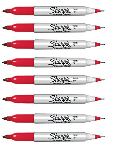 Sharpie 32202 Twin Tip Permanent Marker, Fine and Ultra Fine Tip, Red Color, Quick-drying Ink, Fade and Water Resistant, AP Certified, Pack of 8