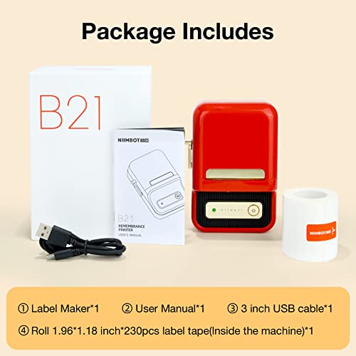 NIIMBOT B21 Inkless Label Maker, Mini Thermal Label Maker Compatible with iOS & Android, for Home Organization, Business, Barcode, QR Code, with 1 Pack 1.96x1.18 inch White Label, Red