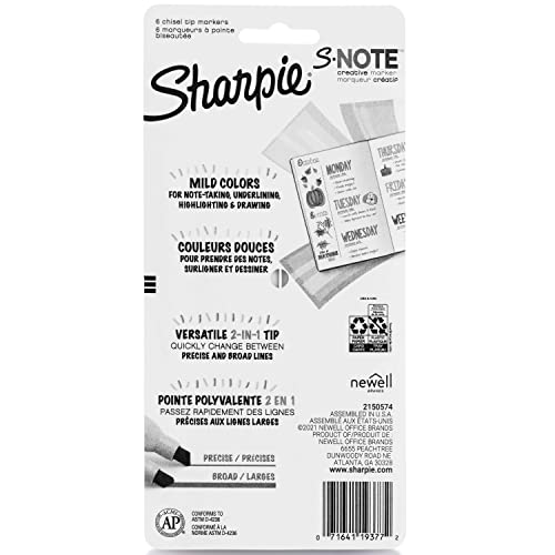 Sharpie S-Note Creative Colouring Marker Pens | Highlight, Write, Draw & More | Assorted Pastel Colours | Chisel Tip | 6 Count