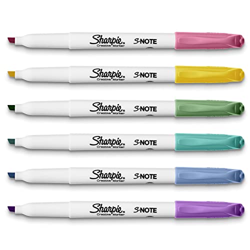 Sharpie S-Note Creative Colouring Marker Pens | Highlight, Write, Draw & More | Assorted Pastel Colours | Chisel Tip | 6 Count