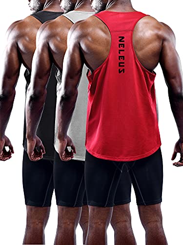 NELEUS Men's 3 Pack Workout Running Tank Top Sleeveless Gym Athletic Shirts,5080,Black/Grey/Red,L