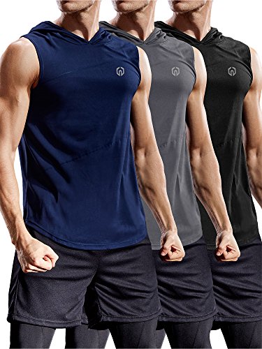 NELEUS 3 Pack Workout Athletic Gym Muscle Tank Top with Hoods,5036,Black,Grey,Navy Blue,US M,EU L