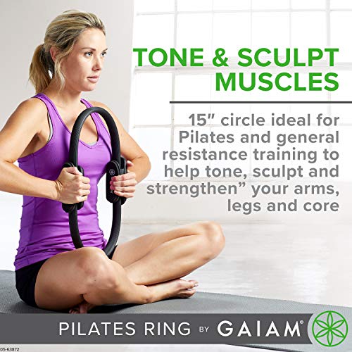 Gaiam Pilates Ring 15" Fitness Circle - Lightweight & Durable Foam Padded Handles | Flexible Resistance Exercise Equipment for Toning Arms, Thighs/Legs & Core, Black