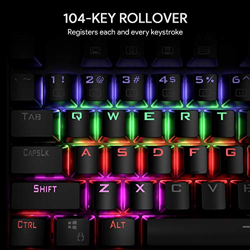 anyotherway Mechanical Gaming Keyboard LED Backlit 104 Keys, Blue Switches Keys with 6 LED Color Modes, 8 Preset Lighting Effects, USB Wired for PC Gamers