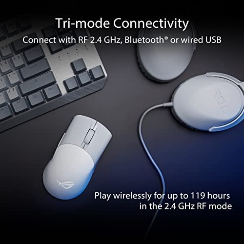 Asus ROG Keris Wireless AimPoint Gaming Mouse, Tri-mode connectivity (2.4GHz RF, Bluetooth, Wired), 36000 DPI sensor, 5 programmable buttons, ROG SpeedNova, Replaceable switches, Paracord cable, White