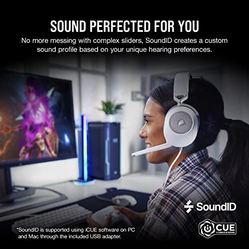 Corsair HS65 Surround Gaming Headset (Leatherette Memory Foam Ear Pads, Dolby Audio 7.1 Surround Sound On PC And Mac, SonarWorks SoundID Technology, Multi-Platform Compatibility) White