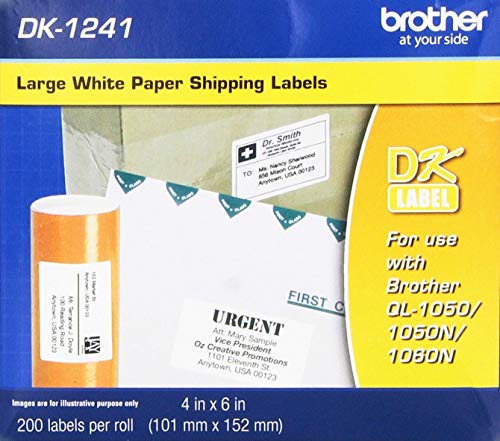 Brother Genuine DK-1241 Die Cut White Labels, 4 x 6 Inch Individual Labels, Large Shipping White Paper Labels, 200 Count, (1) Roll Per Box (4)