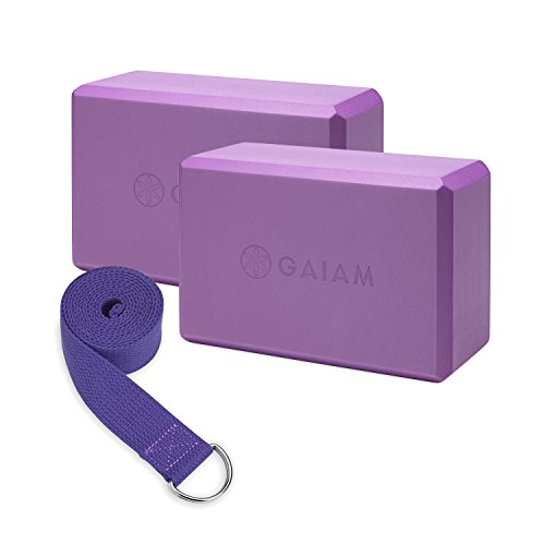 Gaiam Essentials Yoga Block 2 Pack & Yoga Strap Set, Deep Purple, 9" W x 6" H x 4" D