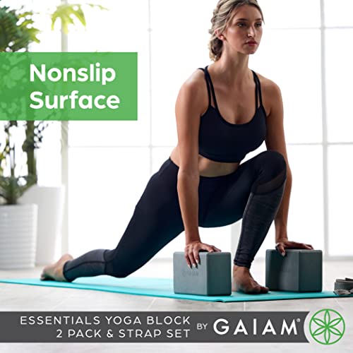 Gaiam Essentials Yoga Block 2 Pack & Yoga Strap Set, Deep Purple, 9" W x 6" H x 4" D