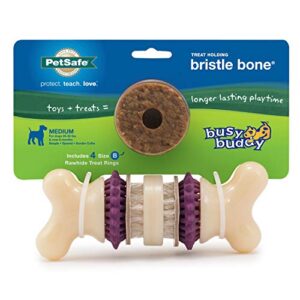 petsafe busy buddy bristle bone – treat-holding toy for dogs – treat rings included – treats thoroughly mixed during bake to prevent choking – rigorously tested ingredients – purple, medium