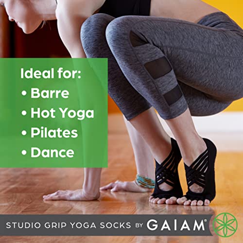 Gaiam Grippy Studio Yoga Socks for Extra Grip in Standard or Hot Yoga, Barre, Pilates, Ballet or at Home for Added Balance and Stability, Black, Small-Medium, One Size