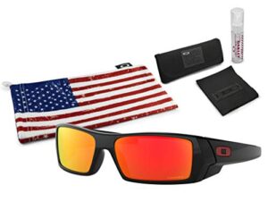 oakley gascan sunglasses (polished black frame, prizm ruby lens) with lens cleaning kit and country flag microbag