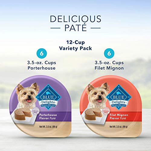 Blue Buffalo Delights Natural Adult Small Breed Wet Dog Food Cups, Pate Style, Filet Mignon and Porterhouse 3.5-oz (12 Pack- 6 of Each Flavor)