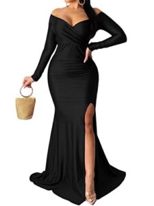 uni clau women sexy off shoulder v neck long sleeve ruched maxi dress high split formal party gown nigh maxi dresses black m