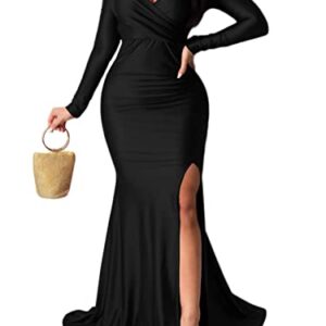 Uni Clau Women Sexy Off Shoulder V Neck Long Sleeve Ruched Maxi Dress High Split Formal Party Gown Nigh Maxi Dresses Black M