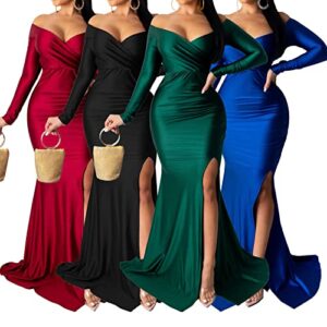 Uni Clau Women Sexy Off Shoulder V Neck Long Sleeve Ruched Maxi Dress High Split Formal Party Gown Nigh Maxi Dresses Black M