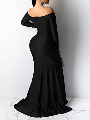 Uni Clau Women Sexy Off Shoulder V Neck Long Sleeve Ruched Maxi Dress High Split Formal Party Gown Nigh Maxi Dresses Black M