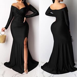 Uni Clau Women Sexy Off Shoulder V Neck Long Sleeve Ruched Maxi Dress High Split Formal Party Gown Nigh Maxi Dresses Black M