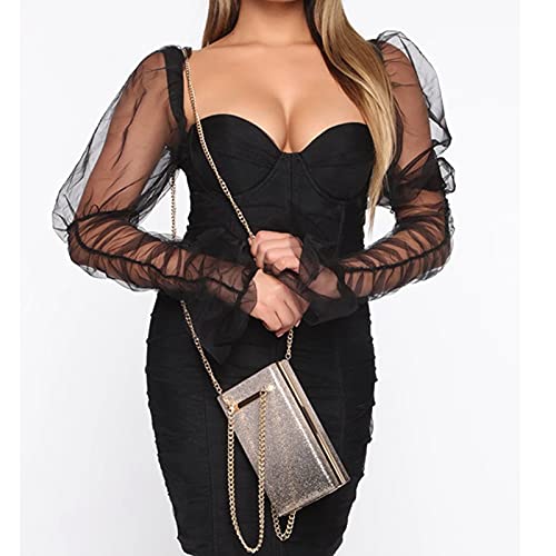 Uni Clau Women Sexy Mesh Sheer Puff Long Sleeve Mini Dress Bodycon Deep V Neck Patchwork Party Clubwear Dress Black 2XL