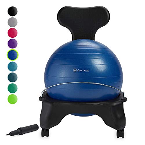 Gaiam Classic Balance Ball Chair – Exercise Stability Yoga Ball Premium Ergonomic Chair for Home and Office Desk with Air Pump, Exercise Guide and Satisfaction Guarantee, Blue