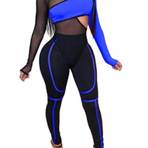 Uni Clau Women's Sheer Mesh Two Piece Jumpsuits See Through Long Sleeve Bodysuit Skinny Long Pants Club Romper Blue S