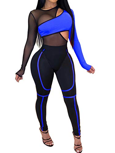 Uni Clau Women's Sheer Mesh Two Piece Jumpsuits See Through Long Sleeve Bodysuit Skinny Long Pants Club Romper Blue S