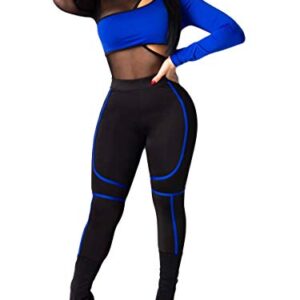 Uni Clau Women's Sheer Mesh Two Piece Jumpsuits See Through Long Sleeve Bodysuit Skinny Long Pants Club Romper Blue S