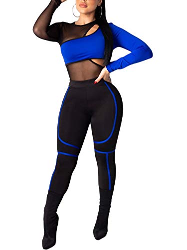 Uni Clau Women's Sheer Mesh Two Piece Jumpsuits See Through Long Sleeve Bodysuit Skinny Long Pants Club Romper Blue S