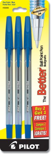 PILOT The Better Ball Point Pen Refillable Ballpoint Stick Pens, Fine Point, Blue Ink, 2-Pack + 1 Bonus (35006)