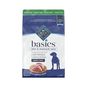 blue buffalo basics skin & stomach care, grain free natural adult dry dog food, duck & potato 22-lb