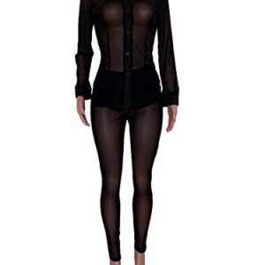 Uni Clau Women Sexy See Through Two Piece Outfits Set Long Sleeve Blouse Sheer Mesh Skinny Pants Club Jumpsuit Black XL