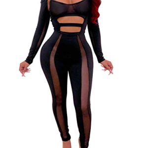 Uni Clau Women's Sexy See Through Jumpsuit Sheer Mesh Hollow Out Criss Cross Bodycon Jumpsuits One Piece Club Rompers Black XL