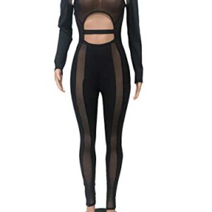 Uni Clau Women's Sexy See Through Jumpsuit Sheer Mesh Hollow Out Criss Cross Bodycon Jumpsuits One Piece Club Rompers Black XL