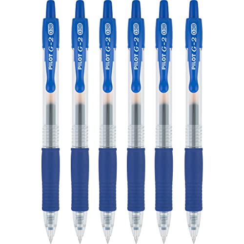 Pilot G2 Retractable Rollerball Gel Pens, Ultra Fine Point, 0.38mm, Blue Ink, 6 Count