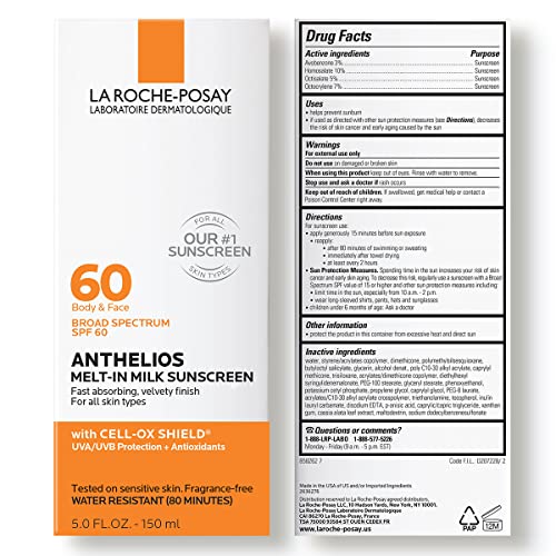 La Roche-Posay Anthelios Melt-In Milk Body & Face Sunscreen SPF 60, Oil Free Sunscreen for Sensitive Skin, Sport Sunscreen Lotion, Sun Protection & Sun Skin Care, Oxybenzone Free