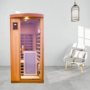 Xmatch Far Infrared Wooden Sauna in Canadian Red Cedar, 1-Person Plus Size, with 1510W, 8 Low EMF Heaters, 2 Bluetooth Speakers, 1 LED Reading Lamp and 2 Chromotherapy Lights