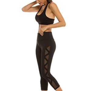 romansong High Waisted Workout Compression Capri Leggings for Women Petite Skinny Mesh Gym Legings with Pockets(Black,Small)