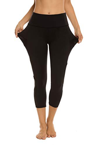 romansong High Waisted Workout Compression Capri Leggings for Women Petite Skinny Mesh Gym Legings with Pockets(Black,Small)