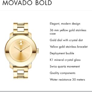 Movado Women's BOLD Iconic Metal Yellow Gold Watch with a Flat Dot Sunray Dial, Gold (Model 3600085)