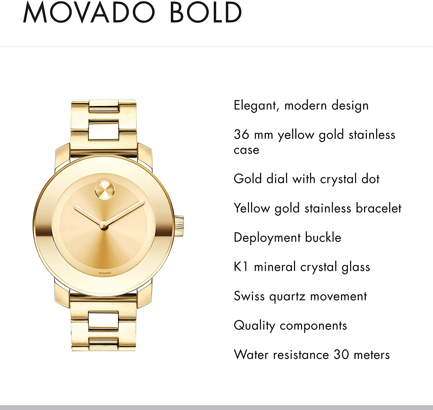 Movado Women's BOLD Iconic Metal Yellow Gold Watch with a Flat Dot Sunray Dial, Gold (Model 3600085)