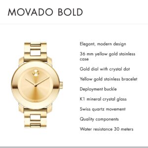 Movado Women's BOLD Iconic Metal Yellow Gold Watch with a Flat Dot Sunray Dial, Gold (Model 3600085)