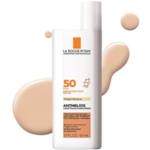 la roche-posay anthelios tinted sunscreen spf 50, ultra-light fluid broad spectrum spf 50, face sunscreen with titanium dioxide mineral face sunscreen, universal tint, oil-free