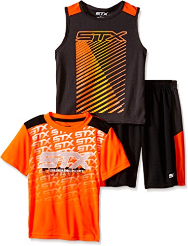 STX Big Boys' 3 Piece Performance T-Shirt, Tank, and Short, Neon Orange/Black, 10