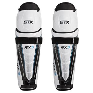 stx hp sg30 sr 14 we/be ice hockey surgeon rx3 shin guards, 14″, white/blue, 14″