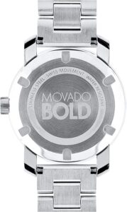 movado women’s bold iconic metal watch with a flat dot sunray dial, silver/pink/gold (model 3600084)