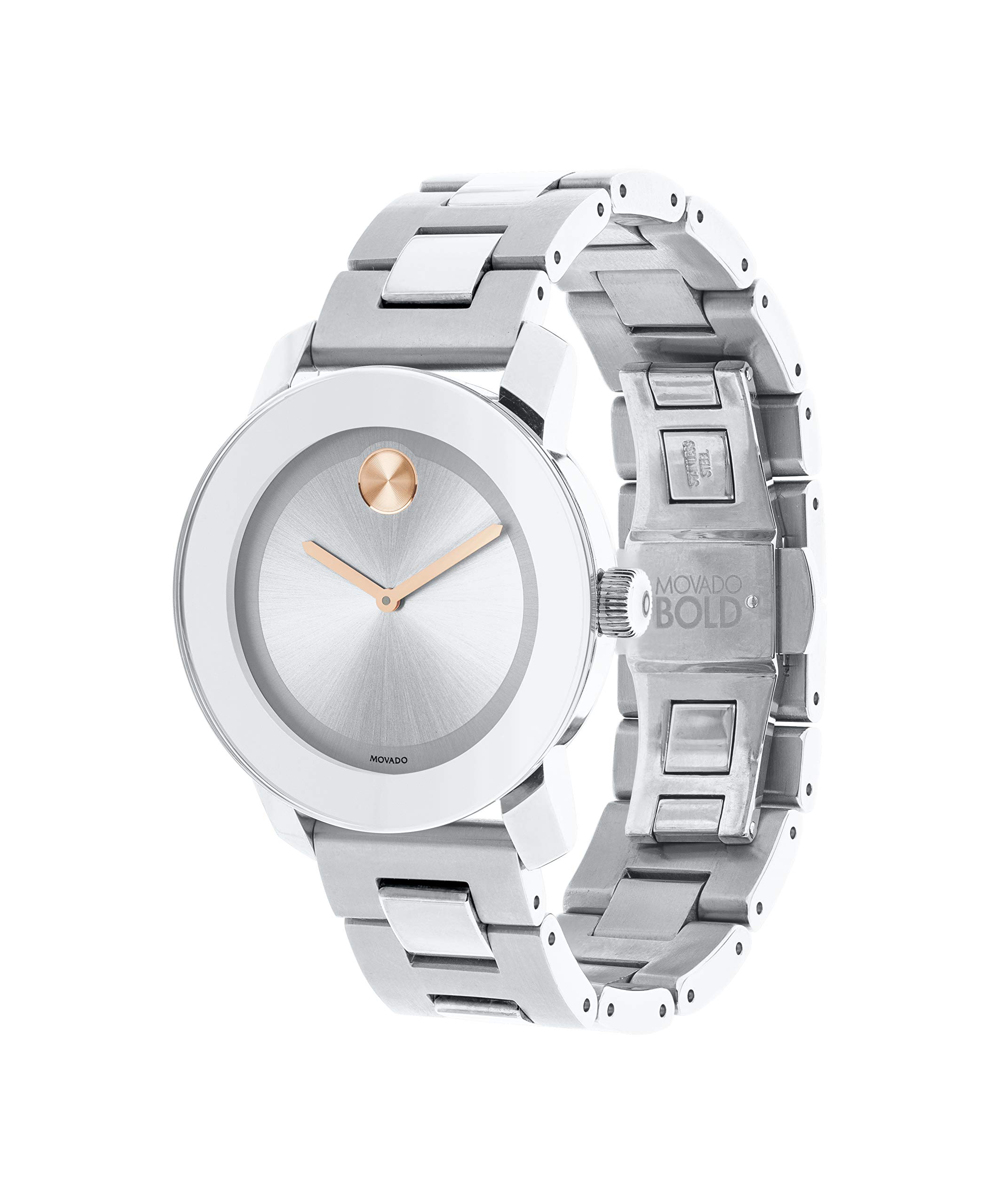 Movado Women's BOLD Iconic Metal Watch with a Flat Dot Sunray Dial, Silver/Pink/Gold (Model 3600084)