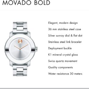 Movado Women's BOLD Iconic Metal Watch with a Flat Dot Sunray Dial, Silver/Pink/Gold (Model 3600084)