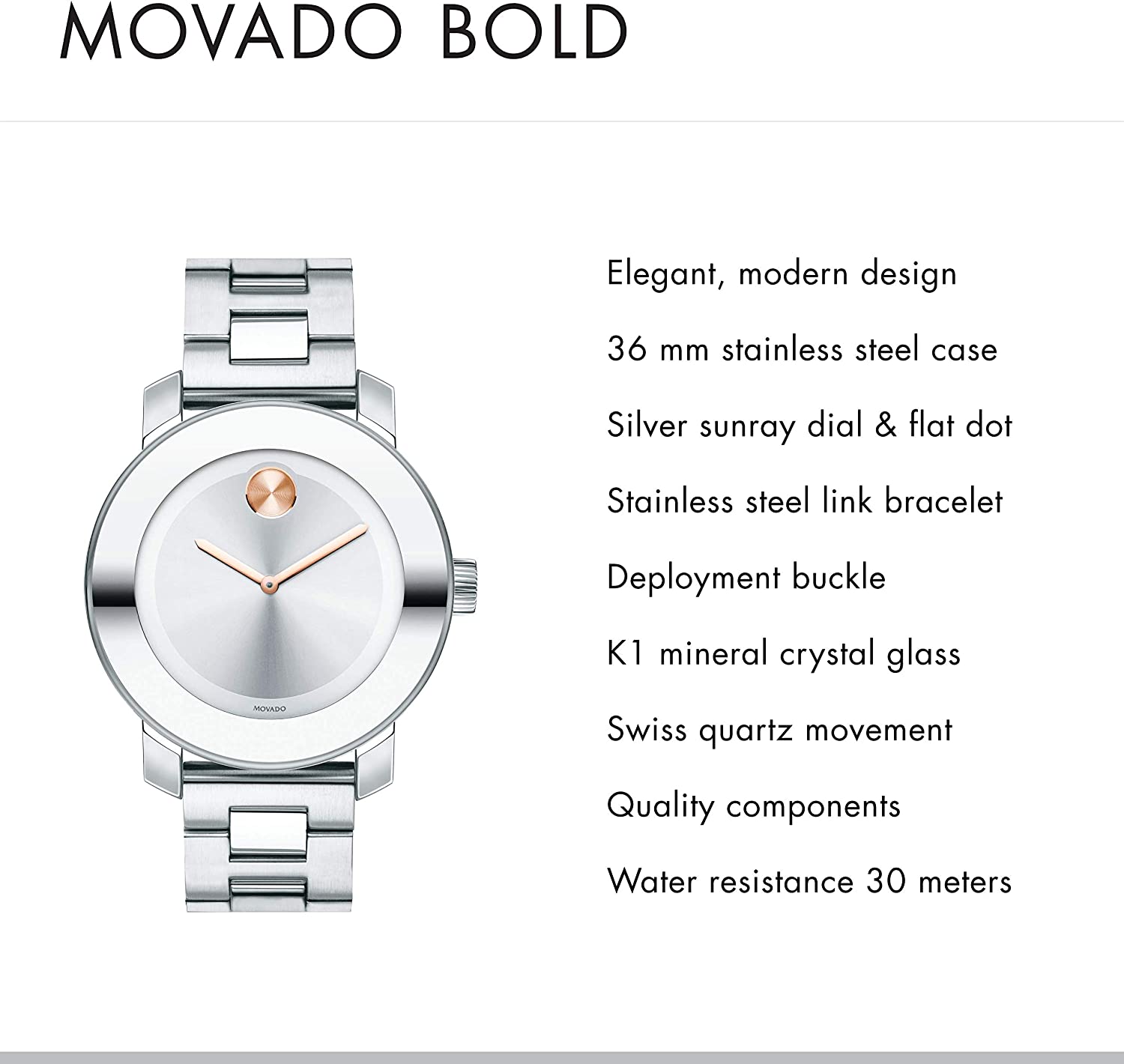 Movado Women's BOLD Iconic Metal Watch with a Flat Dot Sunray Dial, Silver/Pink/Gold (Model 3600084)